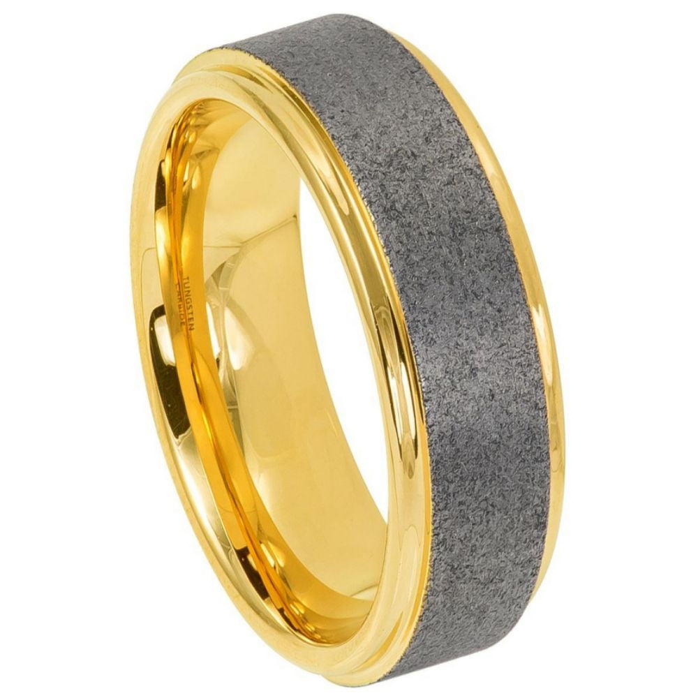 8mm Sandblasted Finish Center Stepped Edge Yellow Gold IP PlatedWedding ...