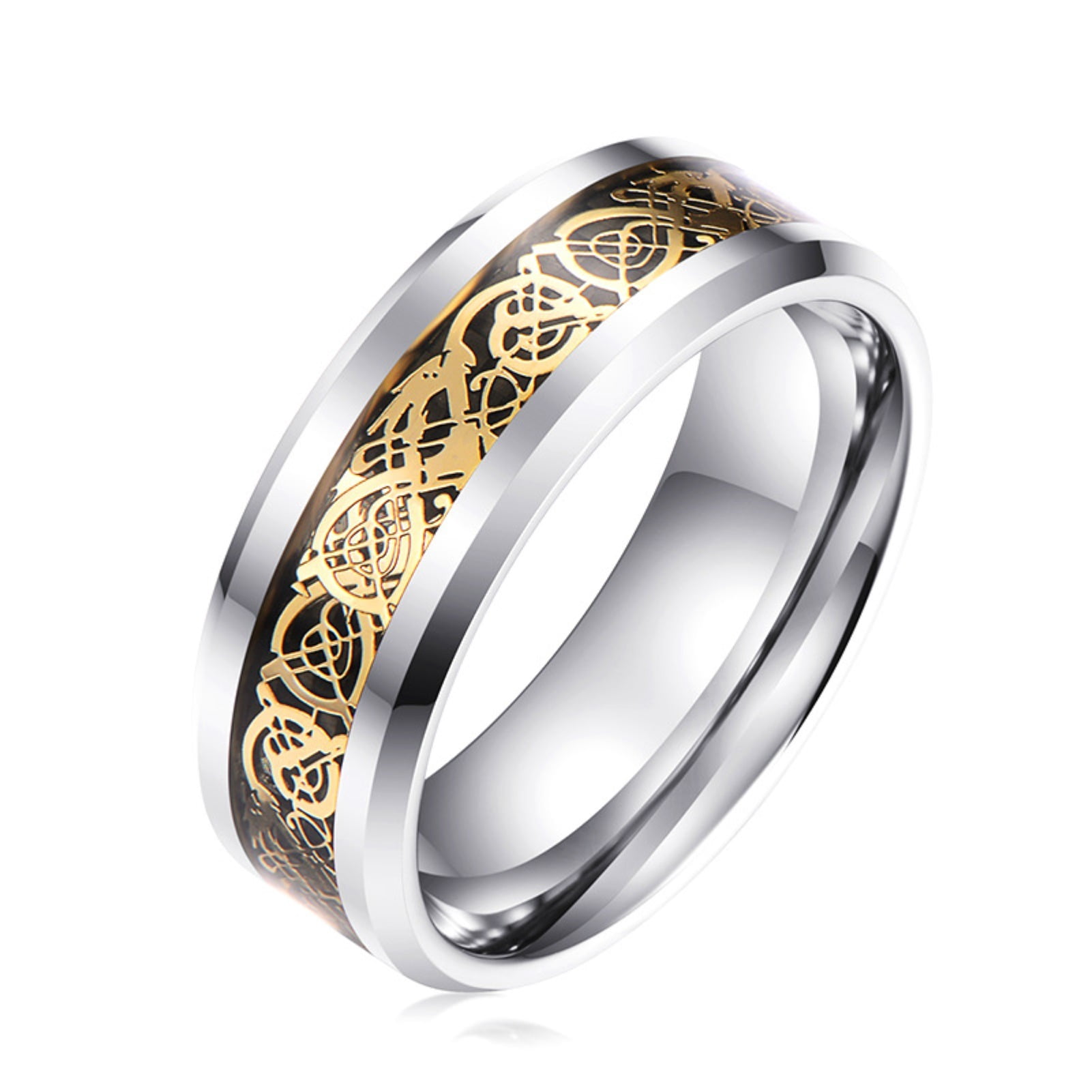 8mm Silver Unisex Tungsten Carbide Ring Golden Celtic Dragon Inlay ...