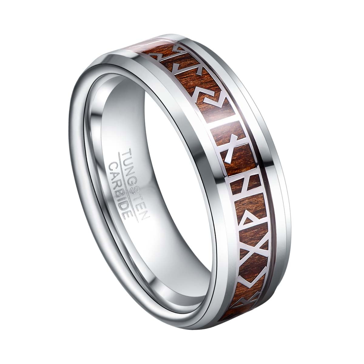 8mm Silver Viking Rune Mens Rings Wood Inlay Tungsten Ring Wedding ...