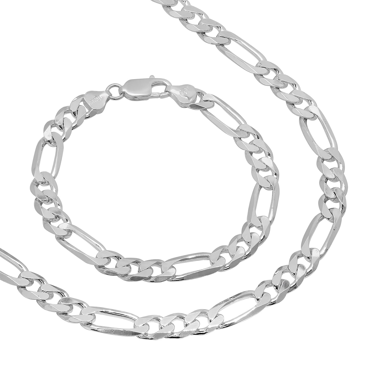 8mm Solid .925 Sterling Silver Flat Figaro Chain Necklace + Bracelet ...