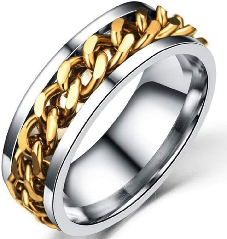 8mm Stainless Steel Chain Inlay Rotating Spin Wedding Band Biker Ring ...
