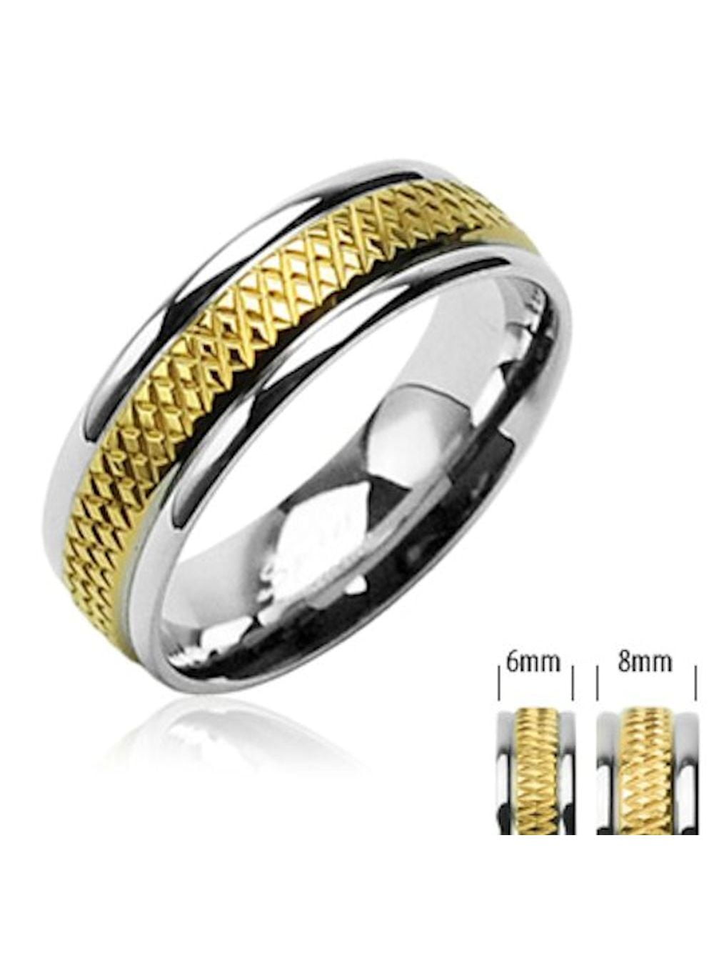 8mm Stainless Steel Gold Plated Ring With Grated Pattern Wedding Band ...