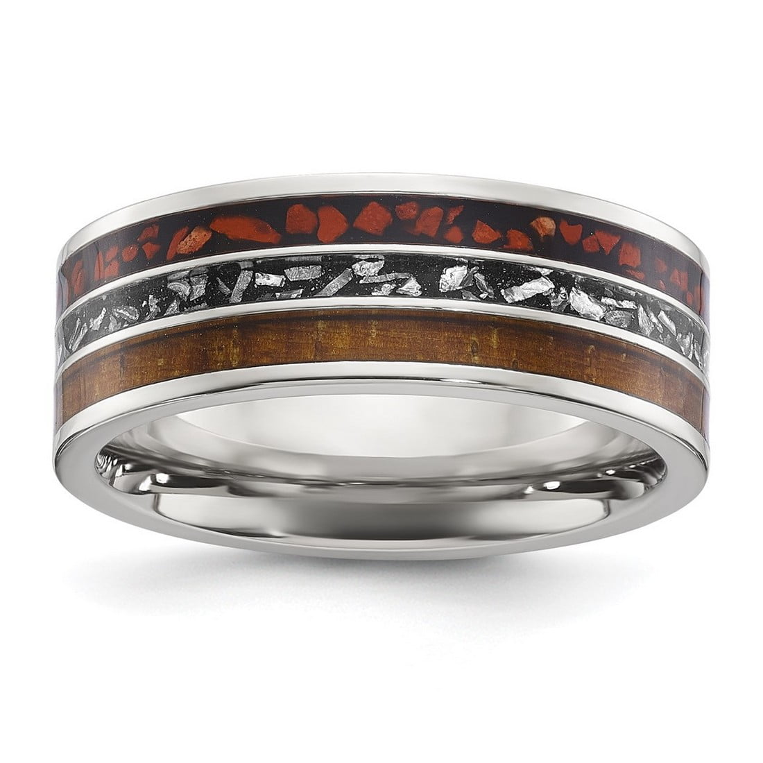 8mm Stainless Steel Polished With Wood Imt. Meteorite Redstone Inset ...