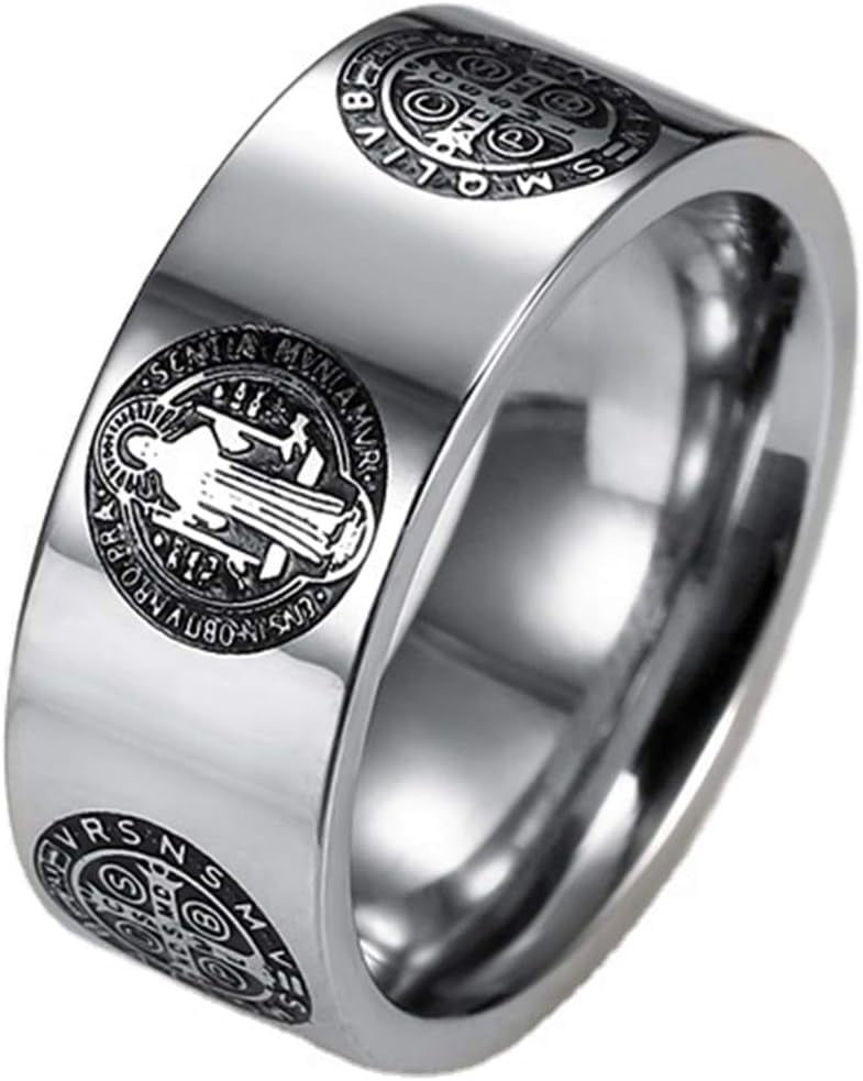 8mm Stainless Steel Saint Benedict Exorcism Ring Jesus Cross Demon ...