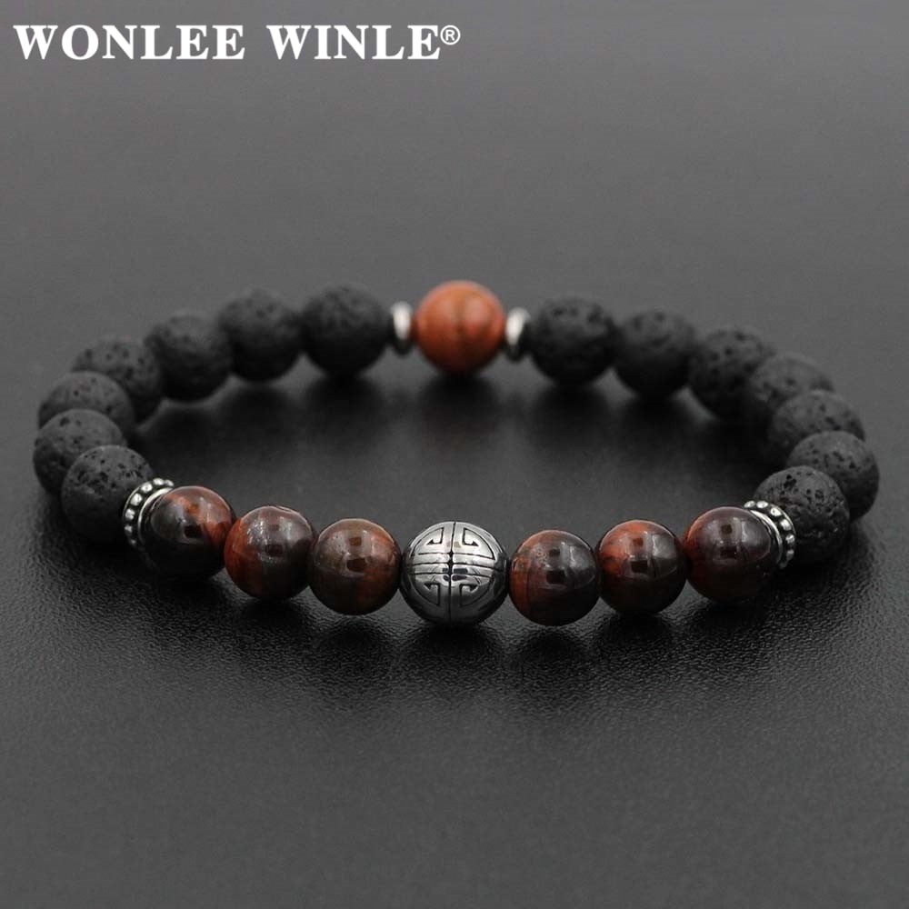 8mm Stone Beaded Stretch Bracelets Men Women Stainless Steel Charms ...