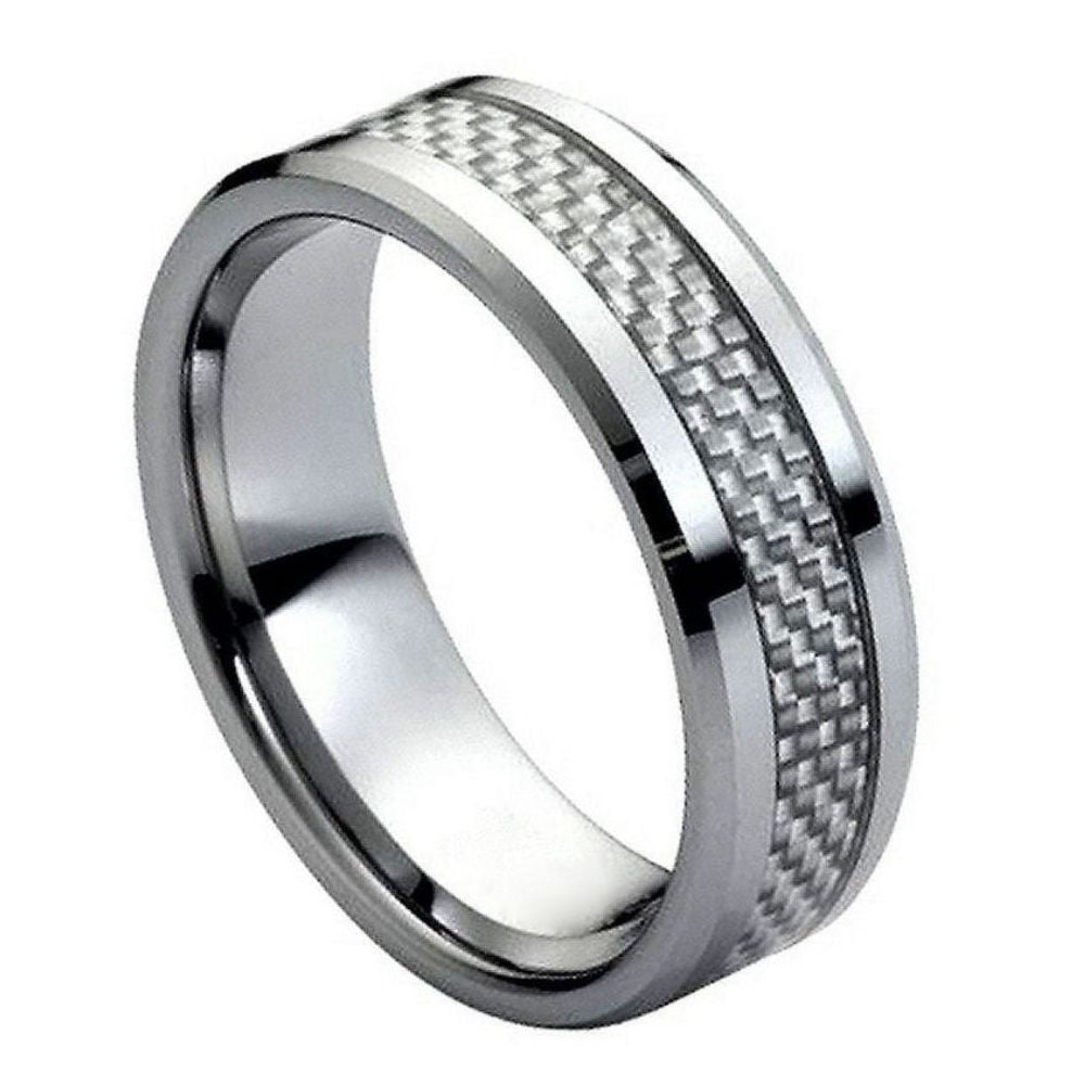 8mm Tungsten Carbide Grey Carbon Fiber Inlay Low Beveled Edge Wedding ...