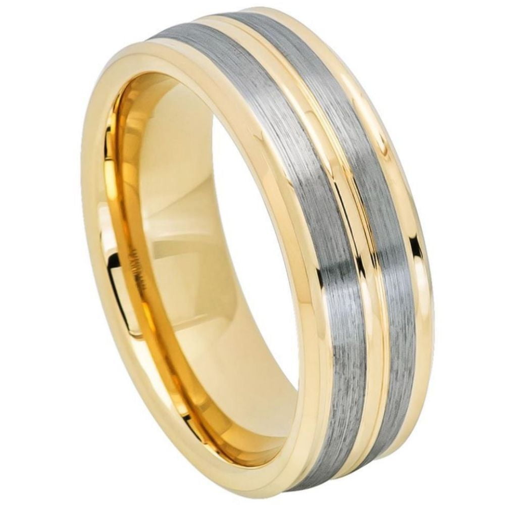 8mm Tungsten Carbide Yellow Gold IP Plated Pinstripe Gun Metal Finish ...