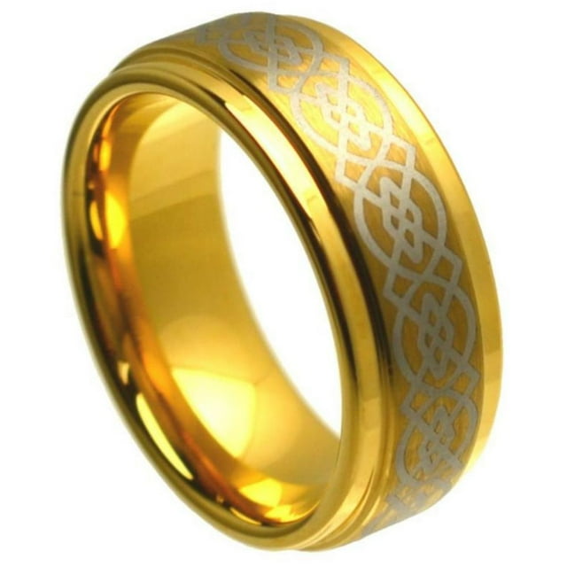 8mm Tungsten Carbide Yellow Gold Tone IP Plated High Polished Laser ...