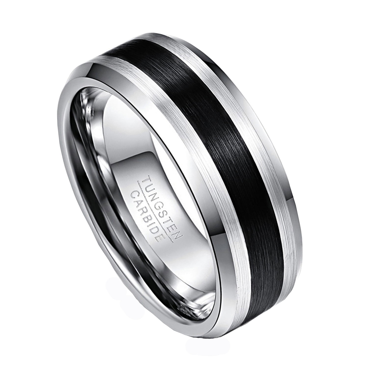 8mm Tungsten Rings for Men Black Silver Wedding Band Brushed Finish ...