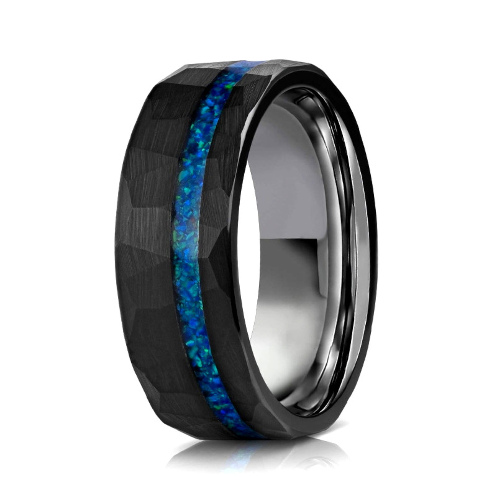8mm Tungsten Steel Flat Hammer Pattern Electric Black Ring with Blue ...