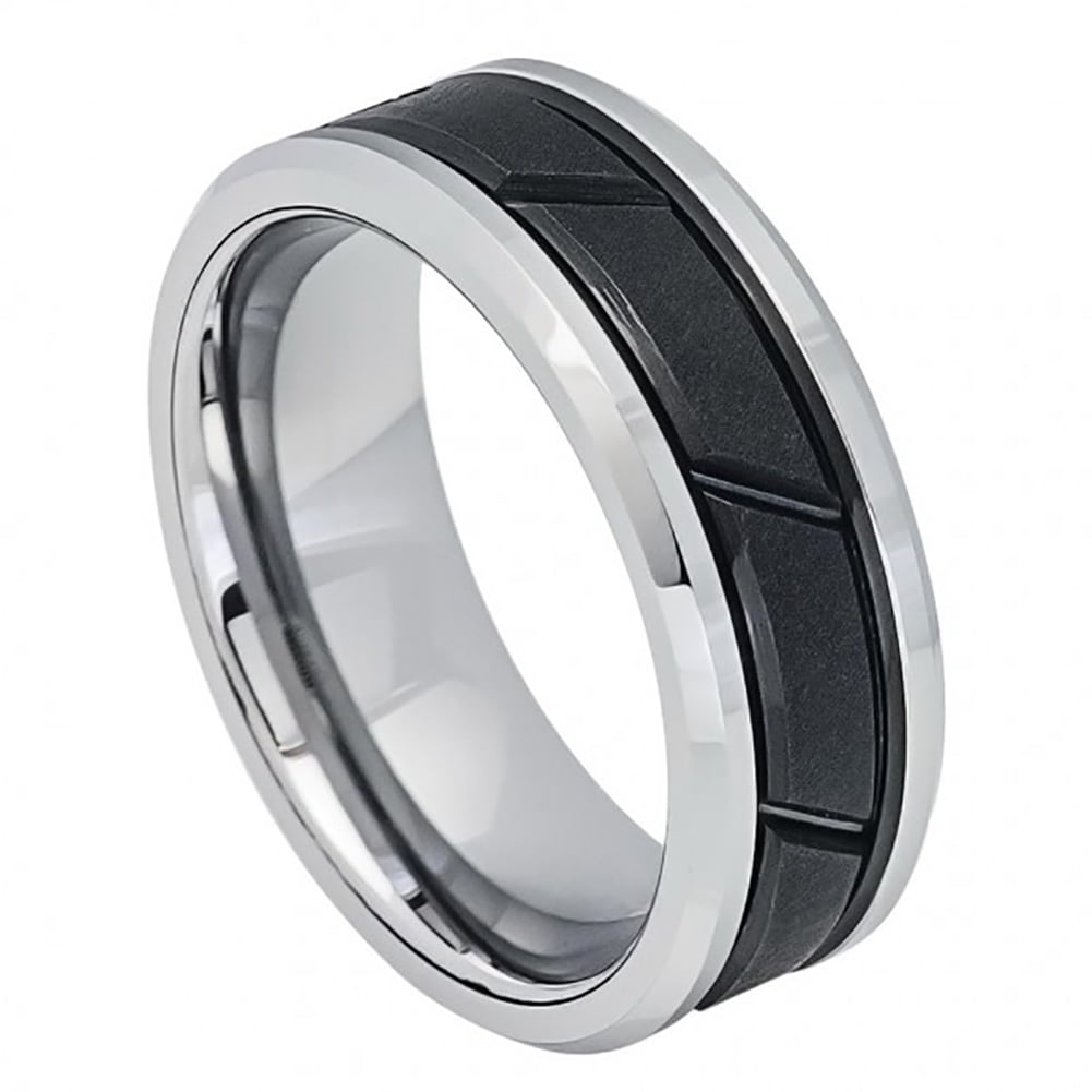 8mm Tungsten Two-tone Black IP Center with Diagonal Grooves Wedding Band Ring For Men Or Ladies ...