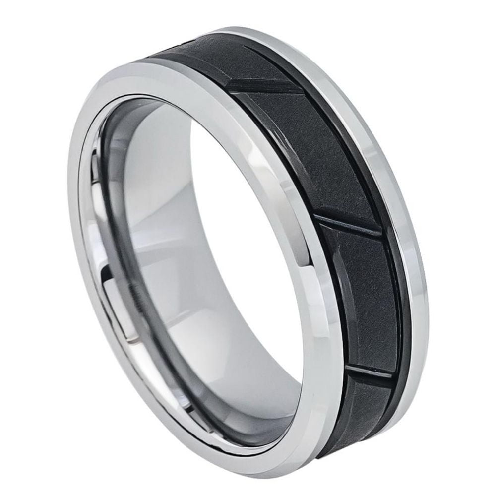 8mm Two-tone Black IP Center with Diagonal Grooves Wedding Band Ring ...