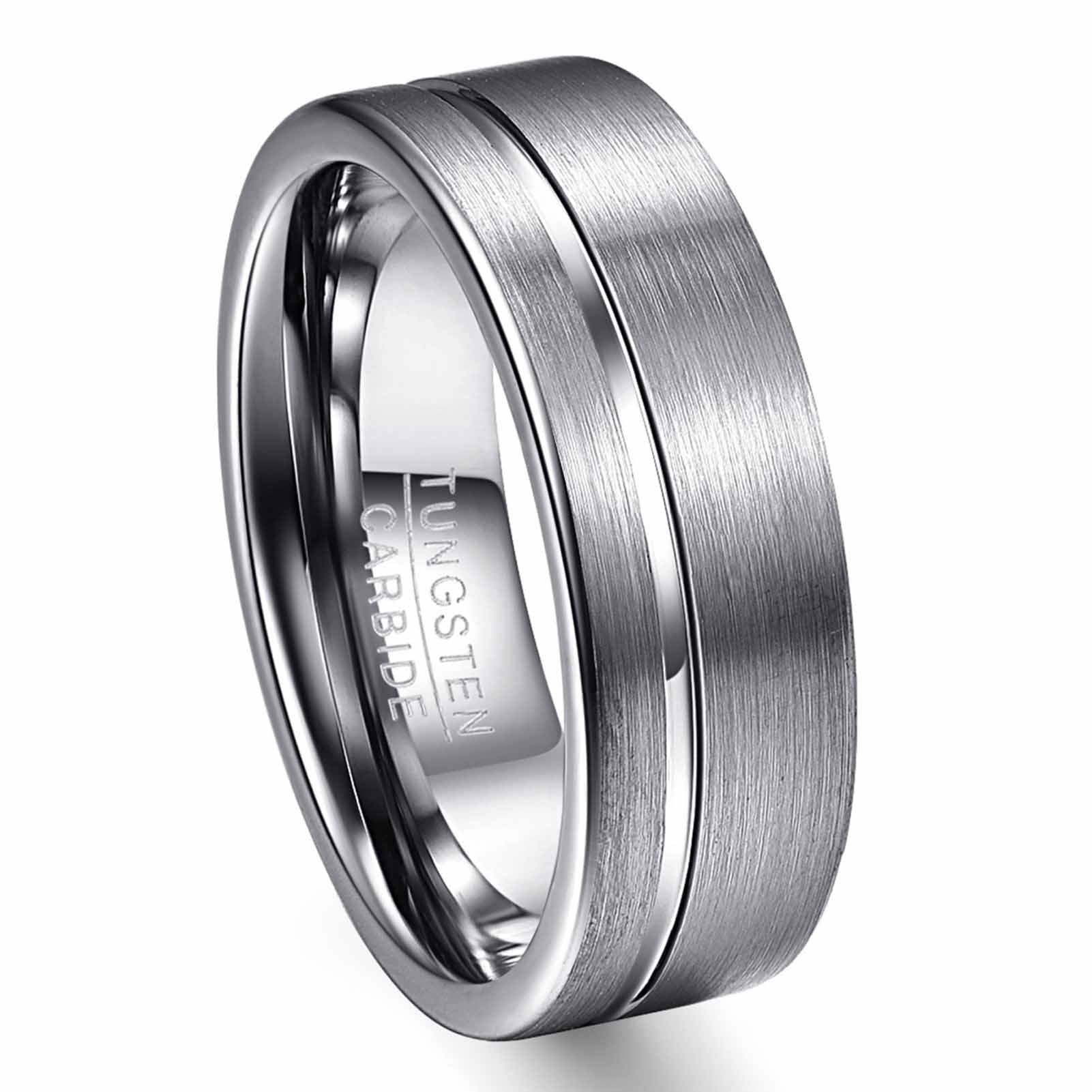 8mm Wide 2.3mm Thick Gray Matte Surface Partial Groove Men's Tungsten ...