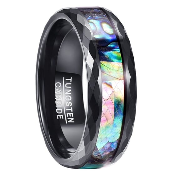 8mm Wide Black Faceted Abalone Shell Men's Tungsten Steel Ring ...