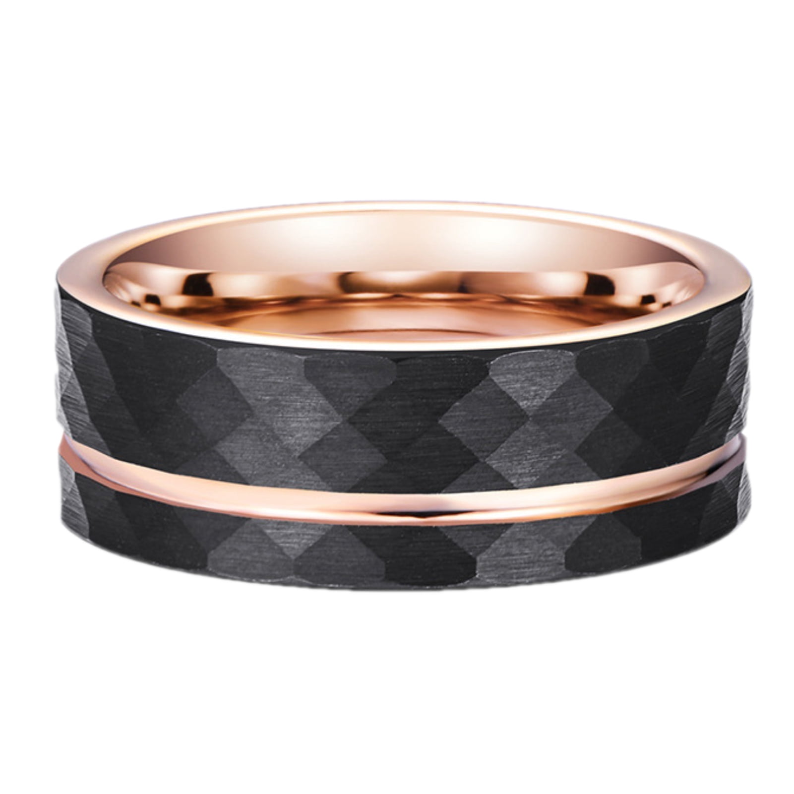 8mm Wide Black Hammered Tungsten Carbide Ring Rose Gold Groove Comfort ...