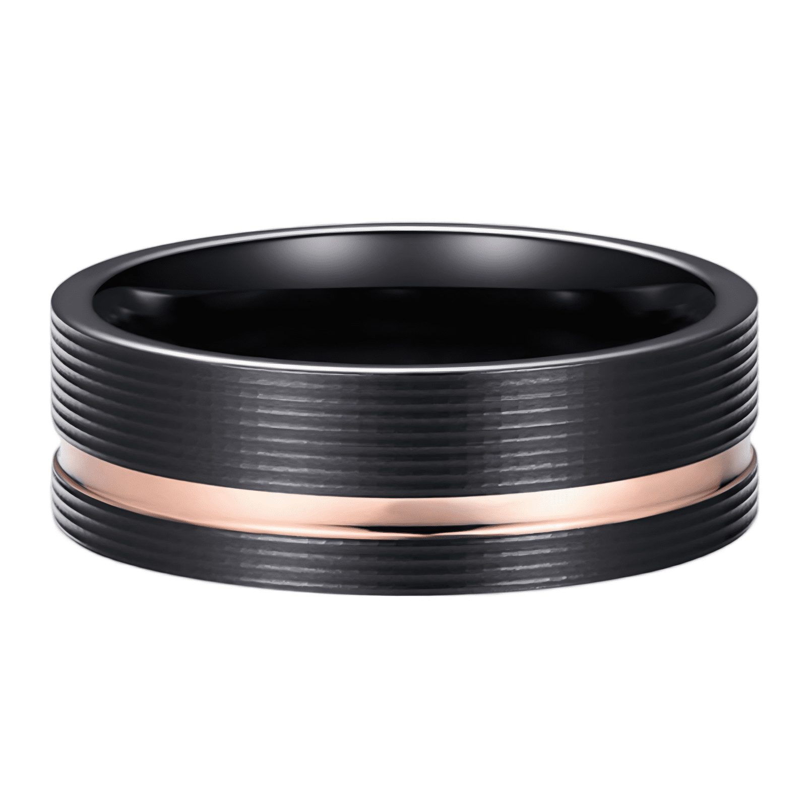8mm Wide Black Ribbed Tungsten Carbide Ring Rose Gold Groove Comfort ...