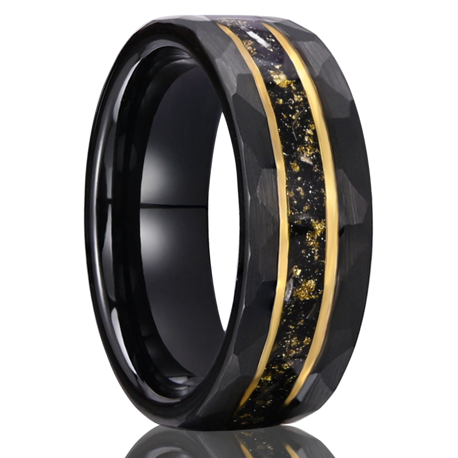 8mm Wide Black Tungsten Carbide Ring with Crushed Gold Foil and ...