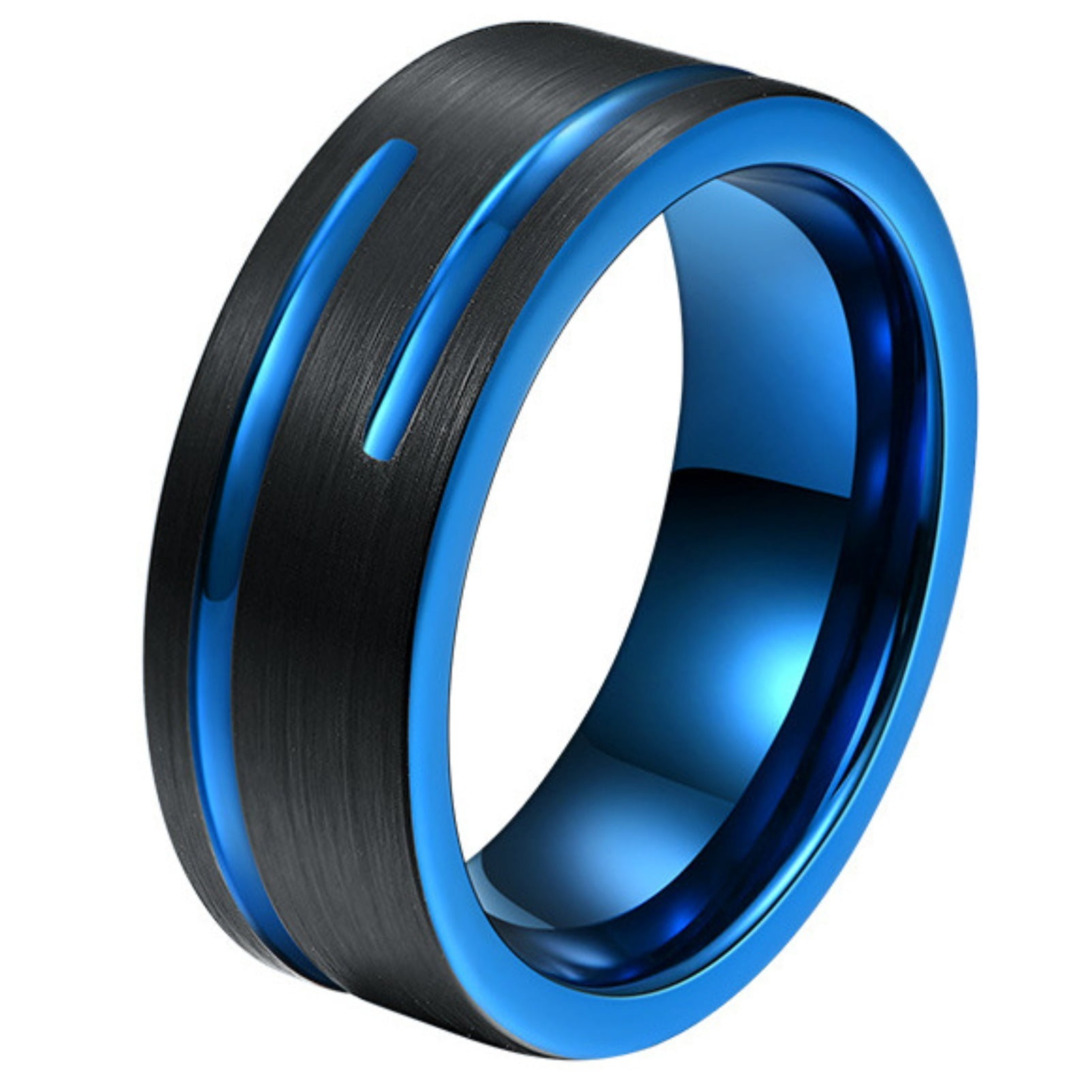 8mm Wide Brushed Tungsten Carbide Ring Black Blue Two-Tone Groove ...