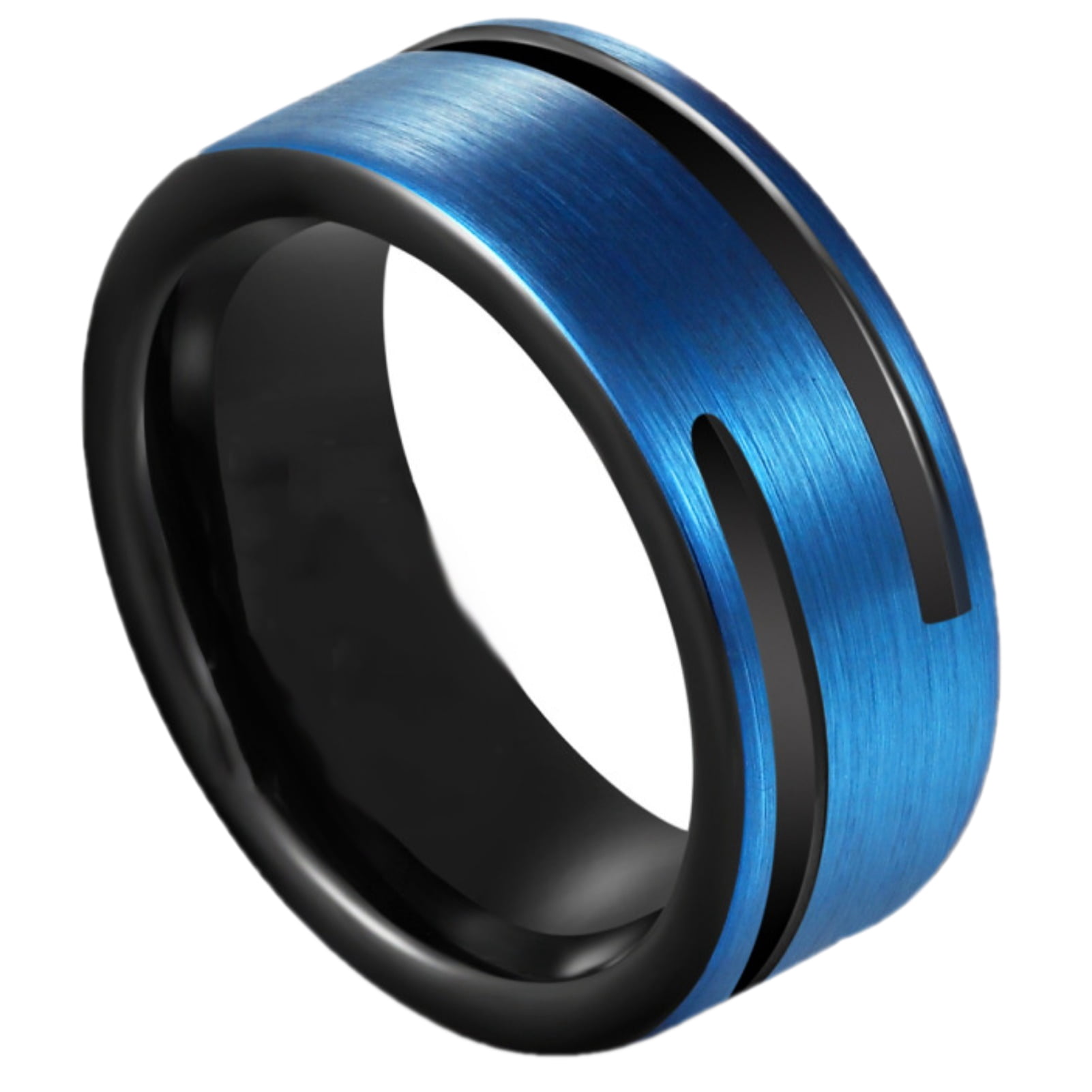 8mm Wide Brushed Tungsten Carbide Ring Black Blue Two-Tone Groove ...