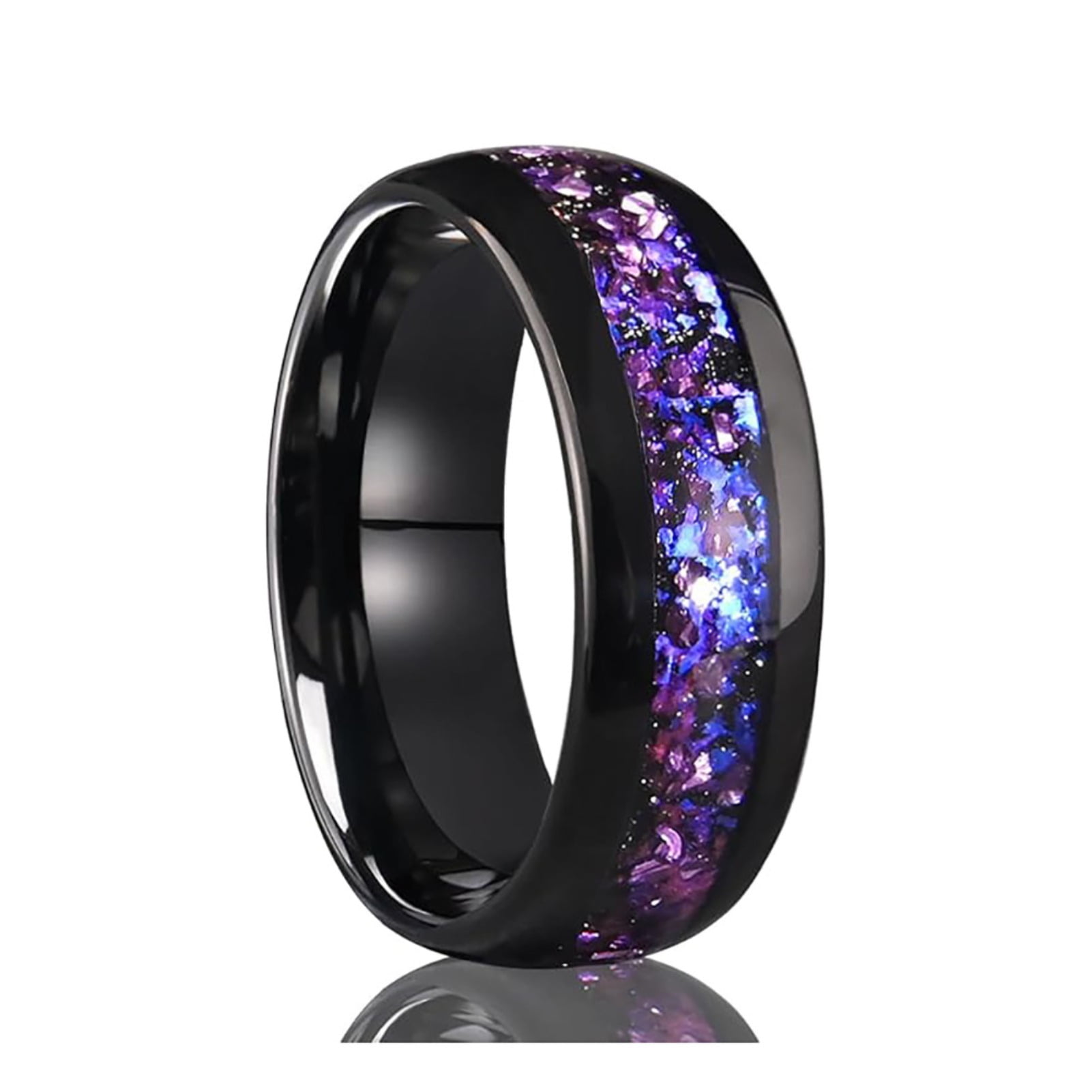 8mm Wide Curved Polished Black Ring with Purple Crystal Blue Nebula ...