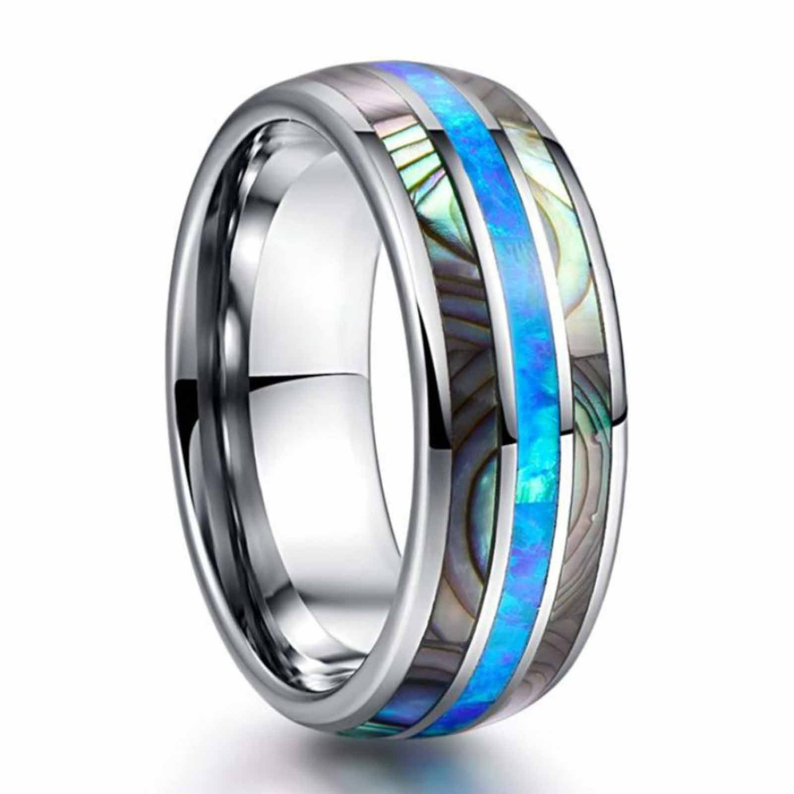 8mm Wide Spherical Tungsten Carbide Ring with Natural Opal Abalone ...