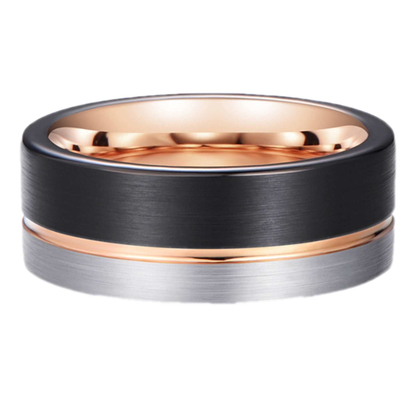 8mm Wide Tri-Color Brushed Tungsten Carbide Ring Black Silver Rose Gold ...