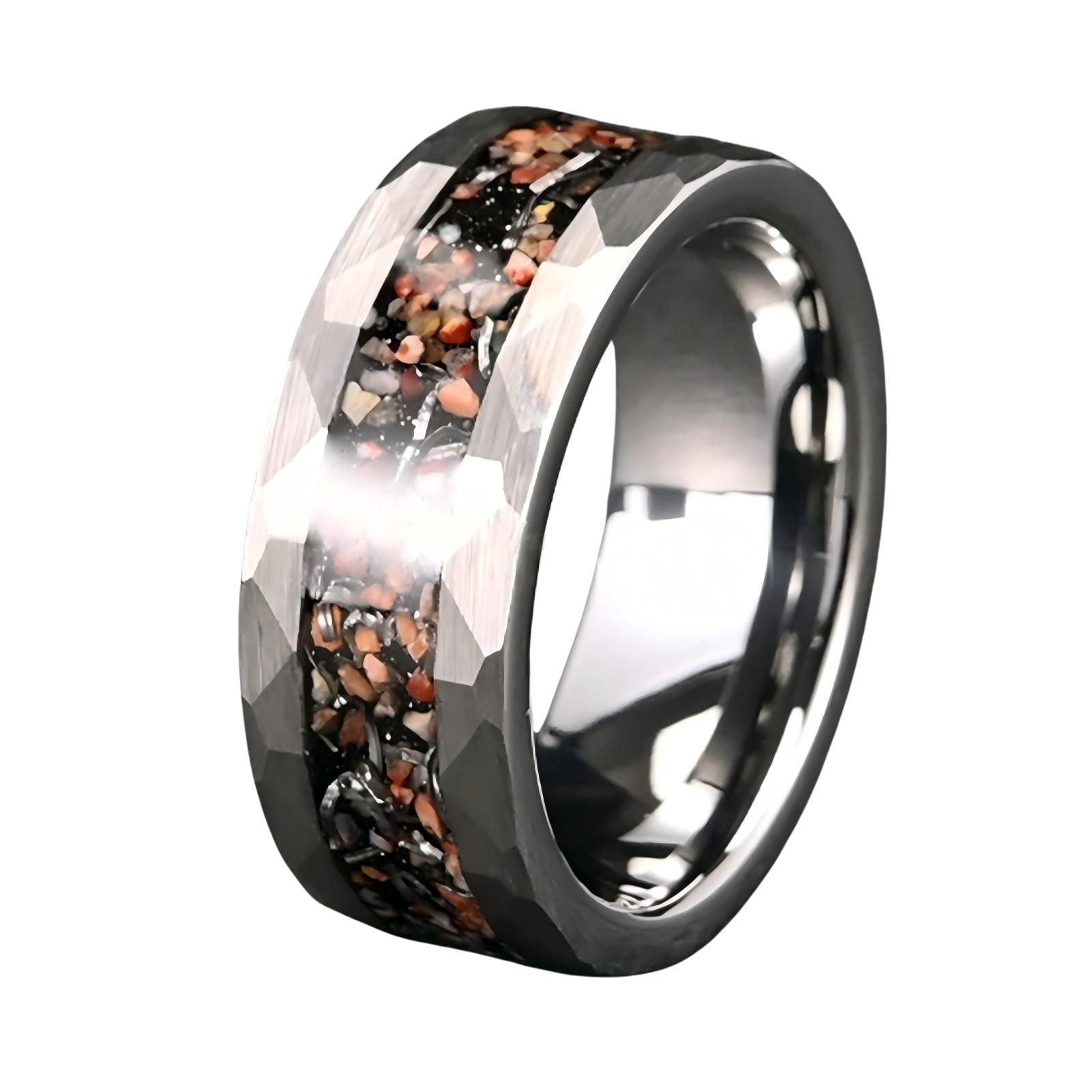 8mm Wide Tungsten Carbide Flat Edge Hammered Inlay Meteorite Tungsten ...