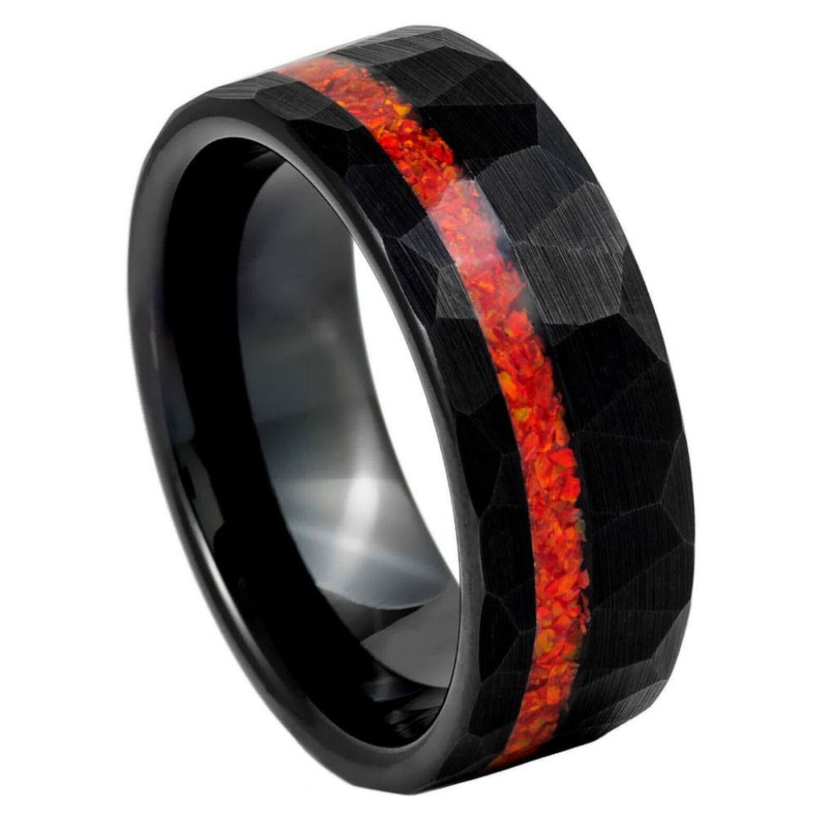 8mm Wide Tungsten Carbide Hammered Black Ring with Red Opal Inlay ...