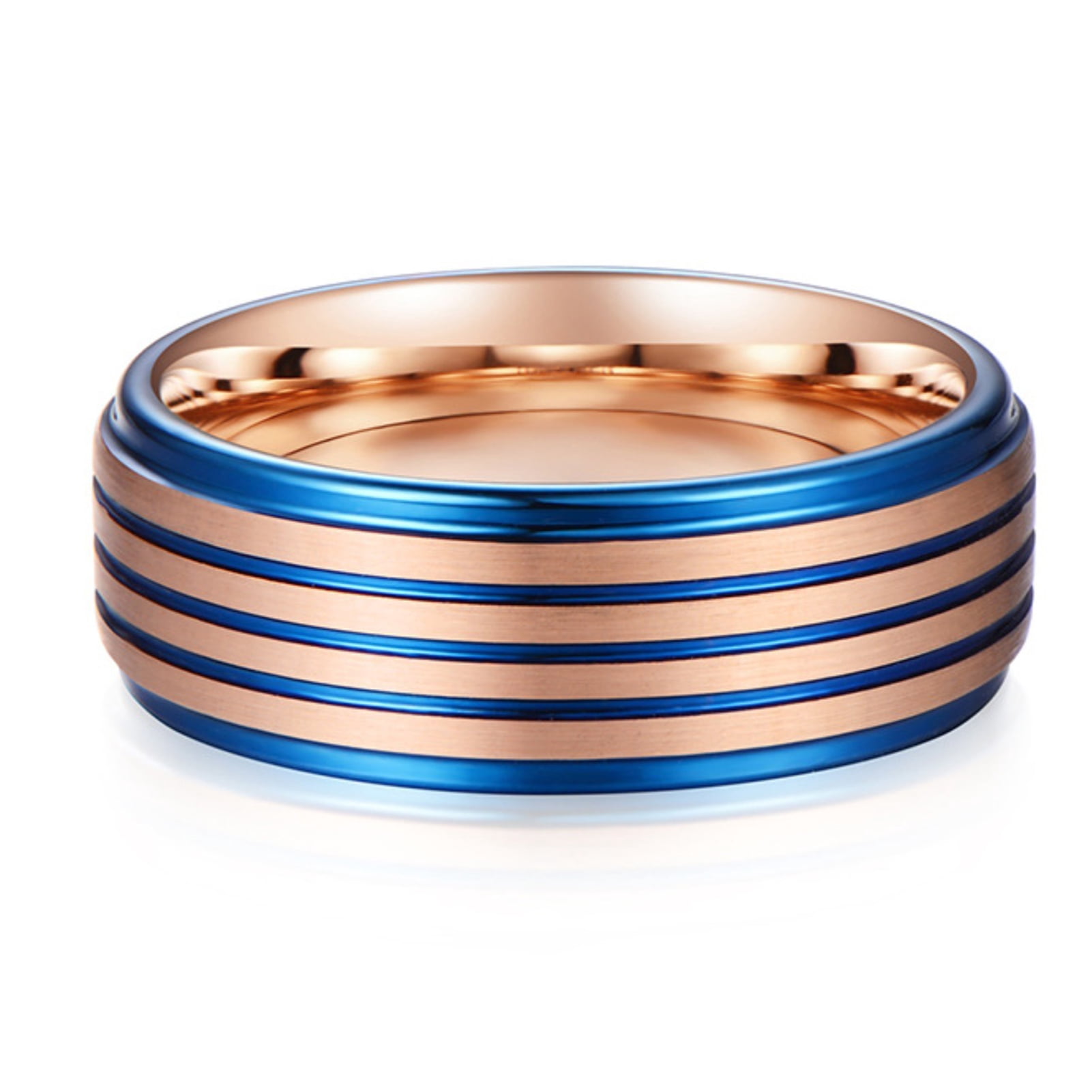 8mm Wide Tungsten Carbide Ring Blue Rose Gold Multi-Groove Brushed ...