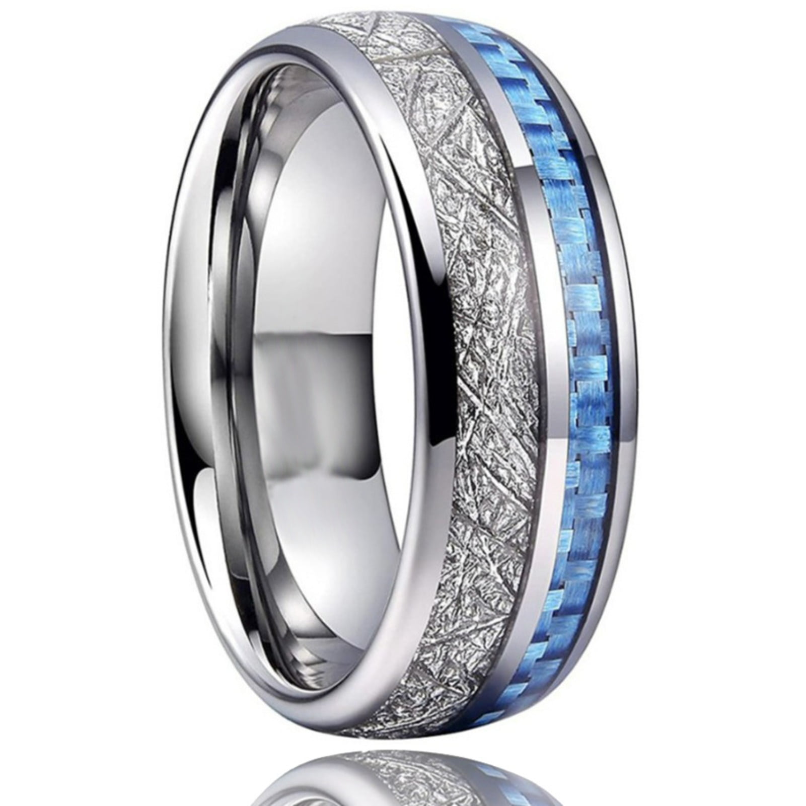 8mm Wide Tungsten Gold Ring Slotted with Silver Wire Blue Carbon Fiber ...