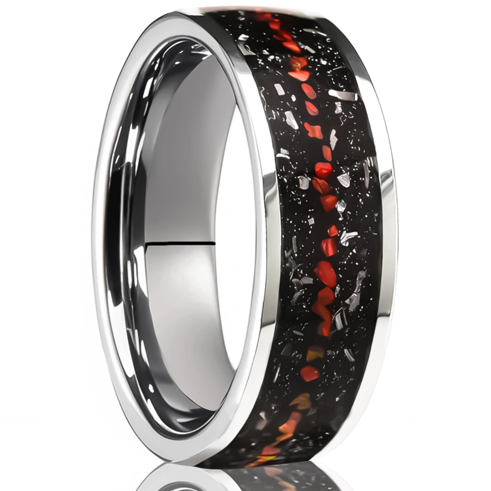 8mm Wide Tungsten Steel Flat Band Ring with Meteorite Red Opal Inlay ...