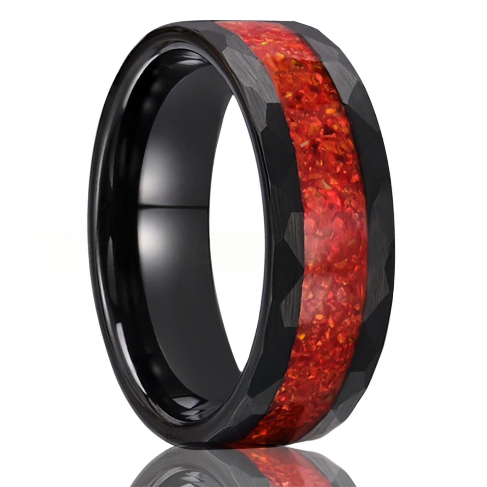 8mm Wide Tungsten Steel Flat Hammer Electric Black Ring with Red Opel ...