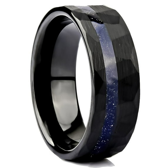 8mm Wide Tungsten Steel Hammer Pattern Black Ring Inlaid with Purple ...