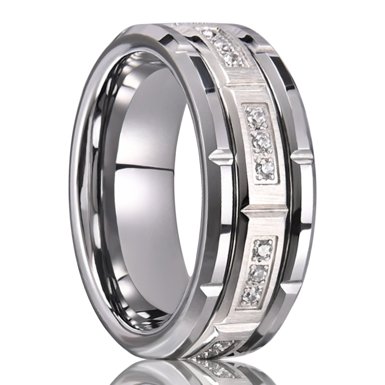 8mm Wide Tungsten Steel with a Circle of Diamonds Combination Ring Men ...