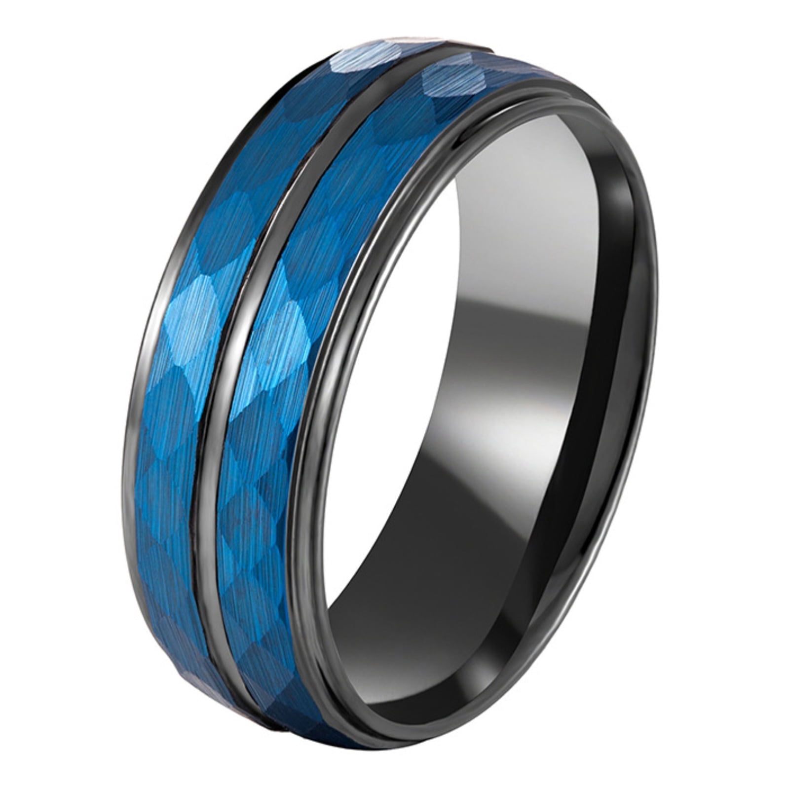 8mm Wide Unisex Blue Hammer Surface Inner Ring Black Tungsten Steel ...