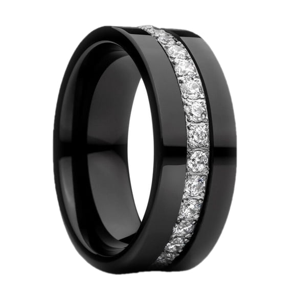8mm Wide Unisex Single Row Diamond Black Titanium Steel Ring - Walmart.com