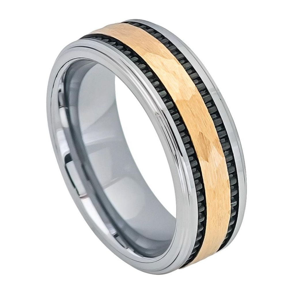 8mm Yellow Gold IP Hammered Center with Black IP Plated Stripes on the ...