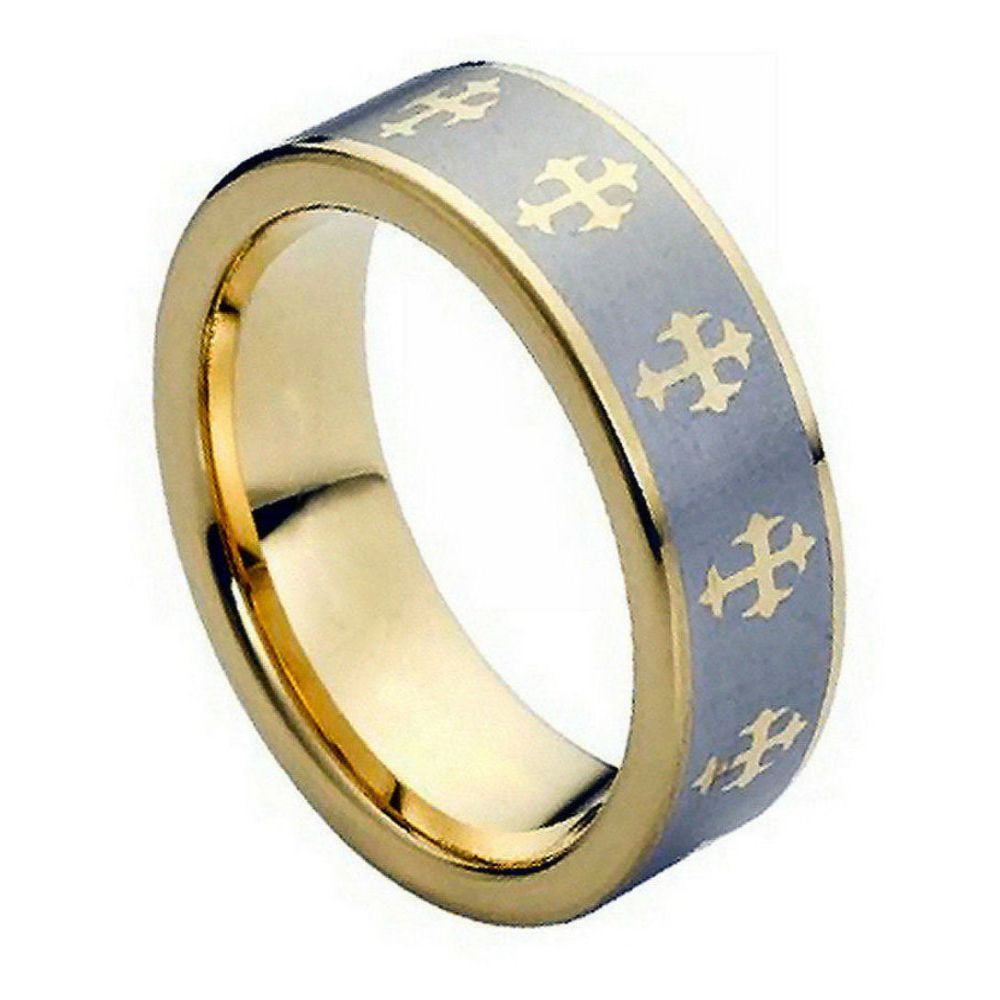 8mm Yellow Gold Tone IP Plated Laser Engraved Crosses Design Wedding ...