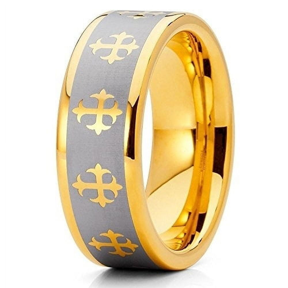 8mm Yellow Gold Tungsten Carbide Wedding Ring Cross Design Brushed ...