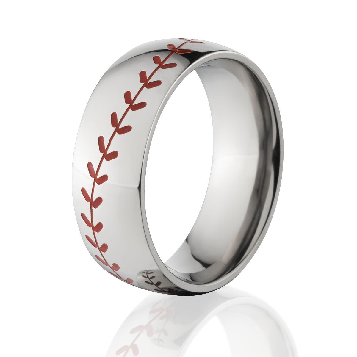 8mm half round polished Titanium Band with Red Baseball Stitching ...