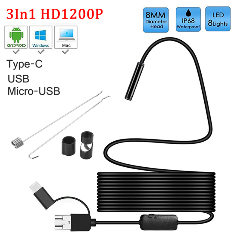 8mm lens camera endoscope hd 1200p ip68 2m hard flexible tube mirco usb ...