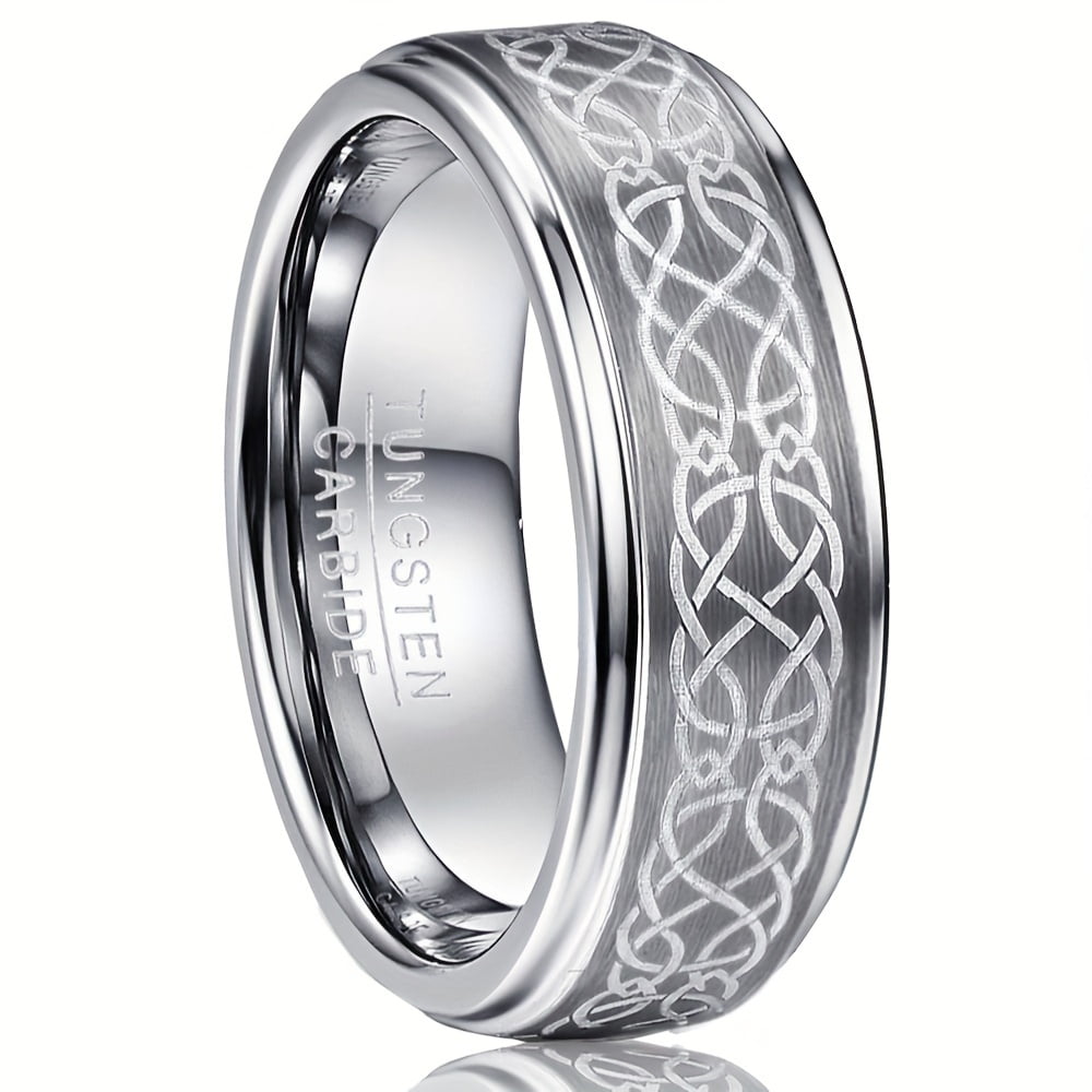 8mm white pattern inlaid with silver tungsten metal ring men's ring ...