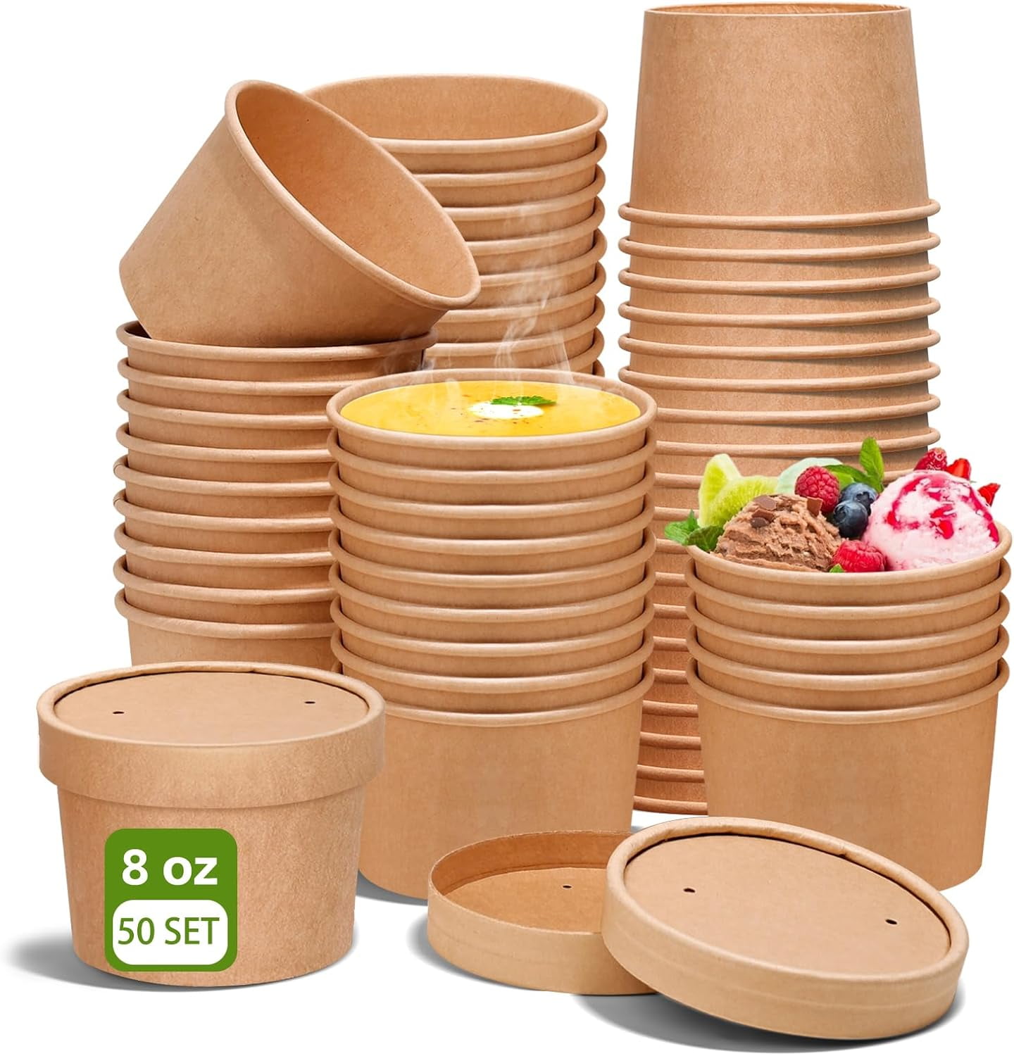 8oz Paper Soup Container Cup with Vented Lids, Disposable Paper Food ...