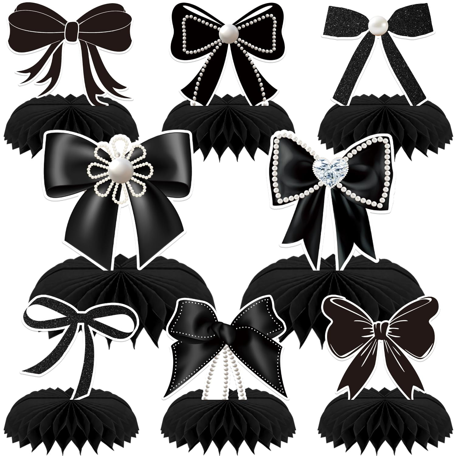 8pc Black Bow Birthday Party Honeycomb Centerpiece, Black Coquette Birthday Decorations for ...
