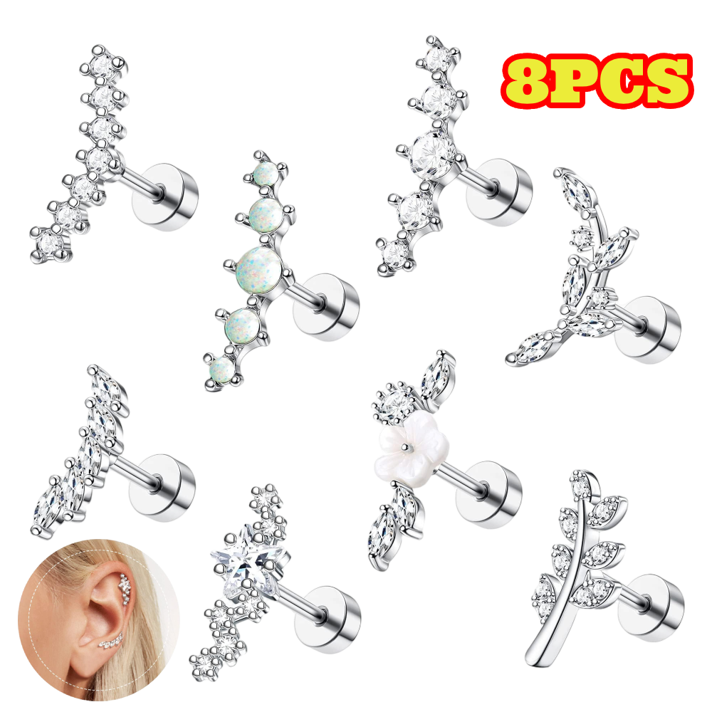 8pcs 16G Cartilage Earrings for Women, Stainless Steel Flat Back ...