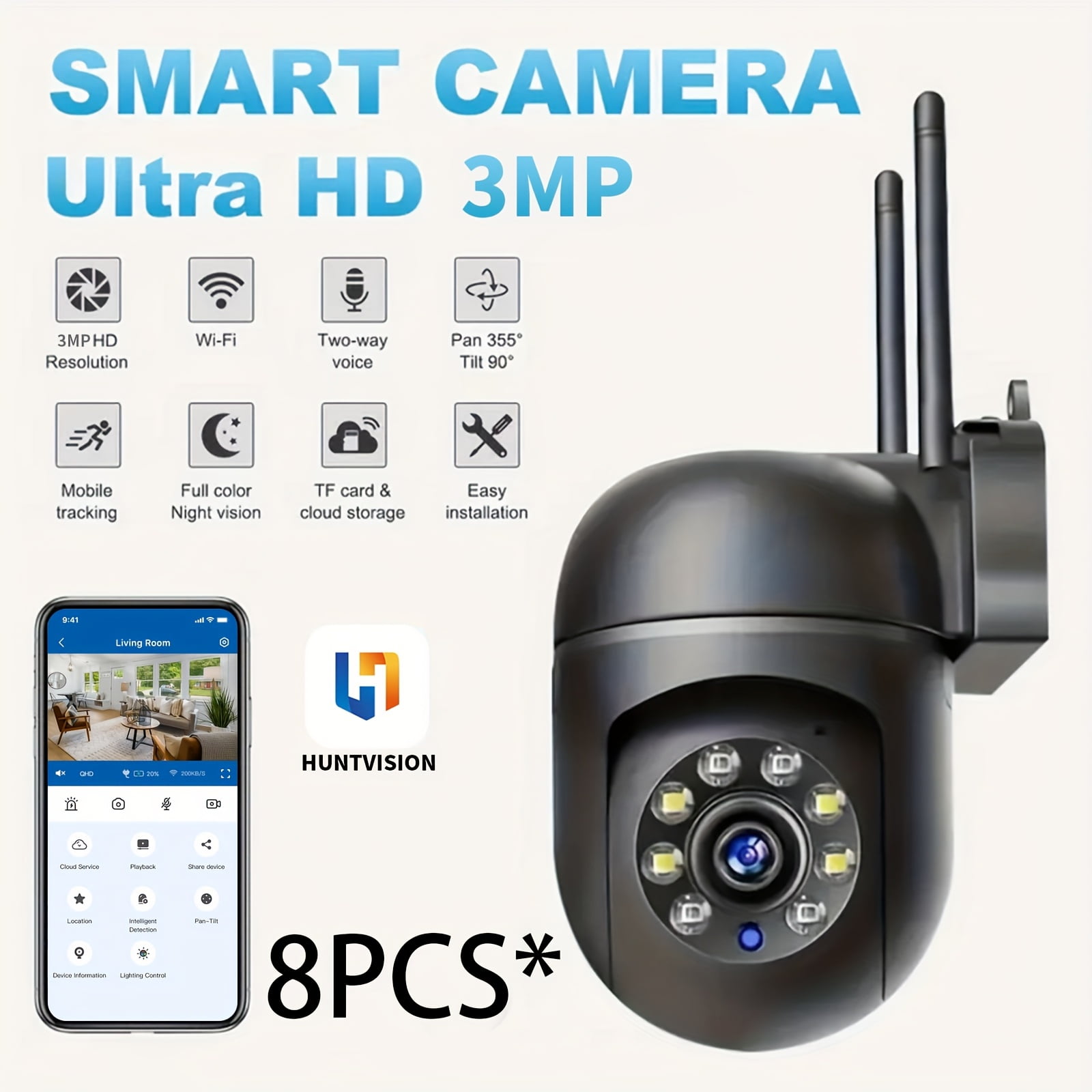 8pcs 3MP FHD WiFi Dome Security Cameras - 360° PTZ Panoramic View, Full ...