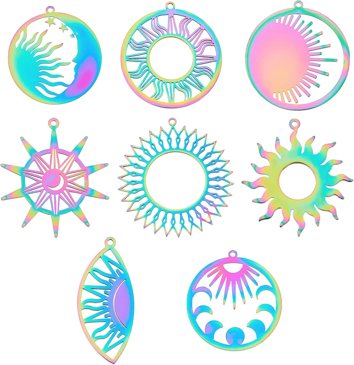 8pcs 8 Style 201 Stainless Steel Rainbow Color Sun Charms Solar Eclipse ...