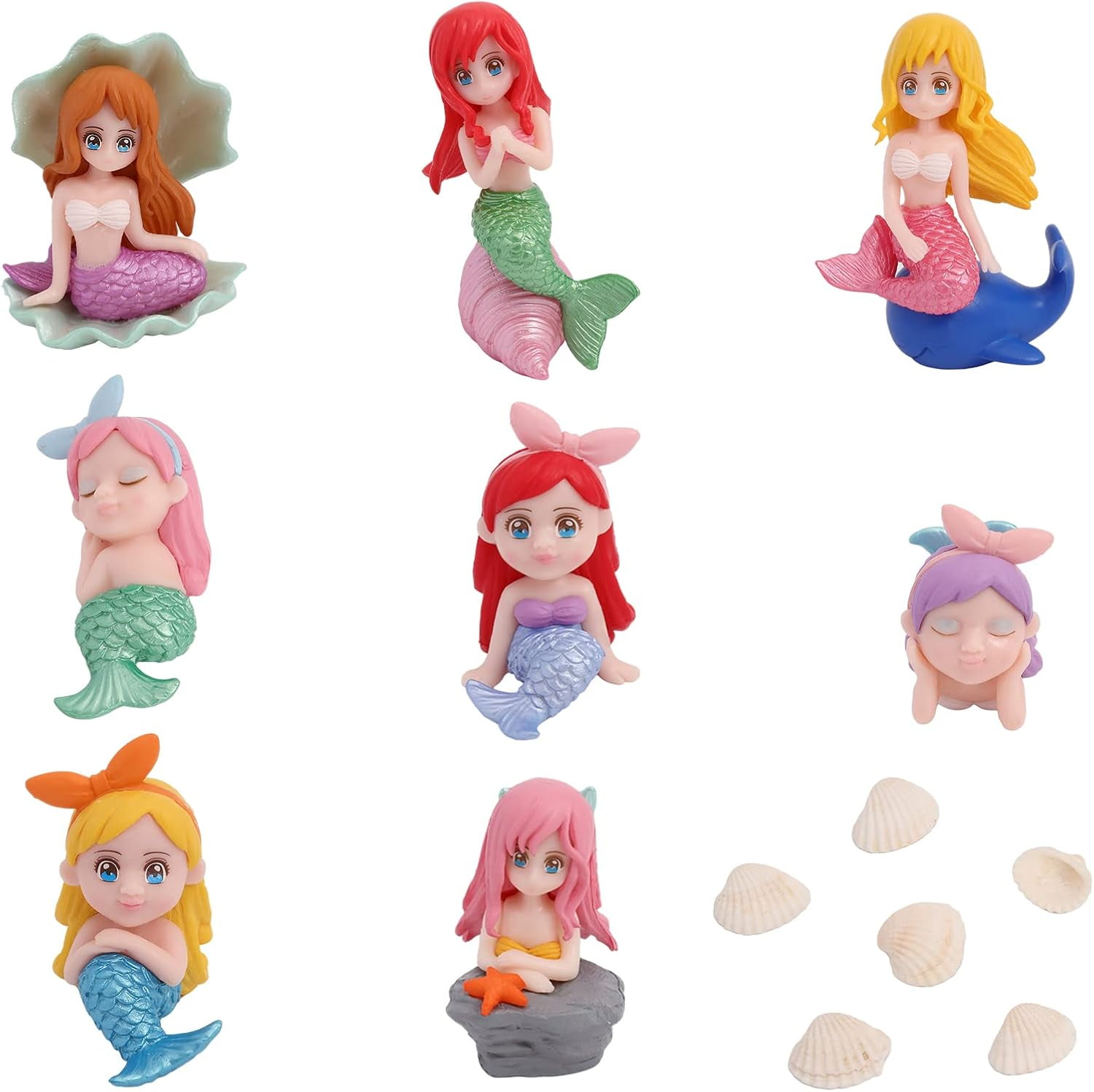 8pcs 8 style PVC Mermaid Miniature Figurines and 1 bag Natural Shell ...