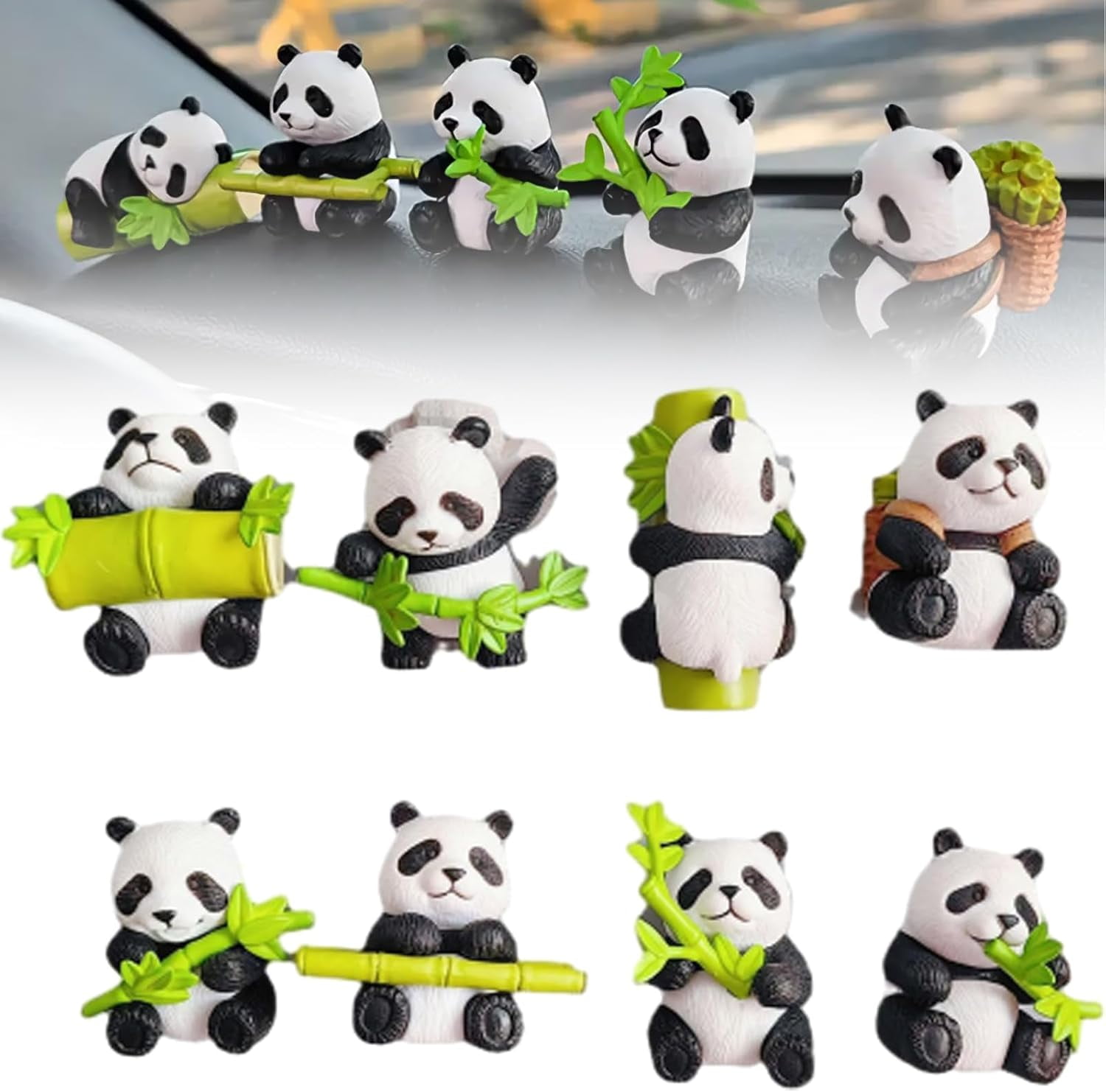8pcs Adorable Panda car Dashboard Decor Set, Mini Resin Panda Statue ...