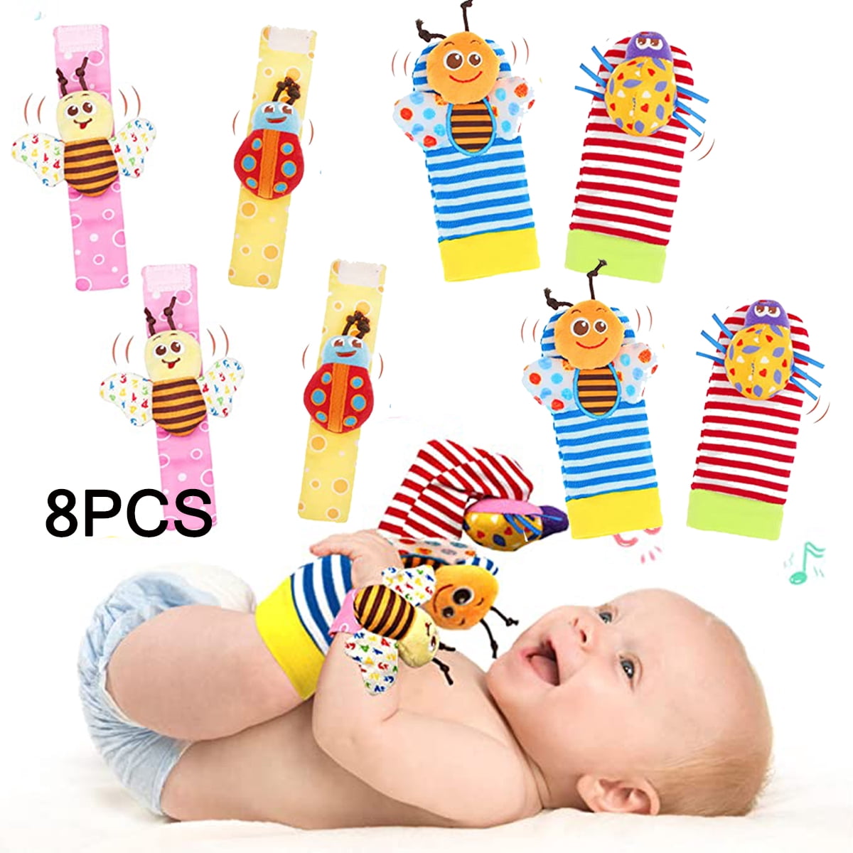 8pcs Baby Socks And Wrist Rattles – Newborn Toys For Infants Or Girls ...